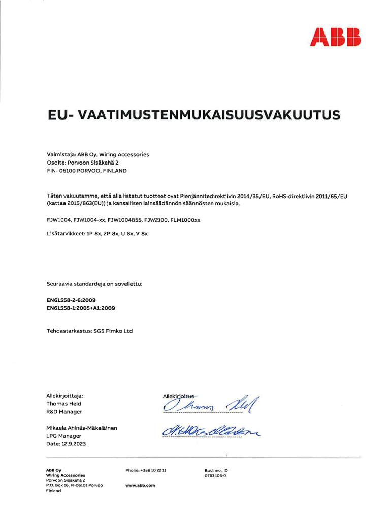 CE_ABB_low_voltage_products_FLM1000, FJW2100 & setit_U_12.9.2023.FI | PDF