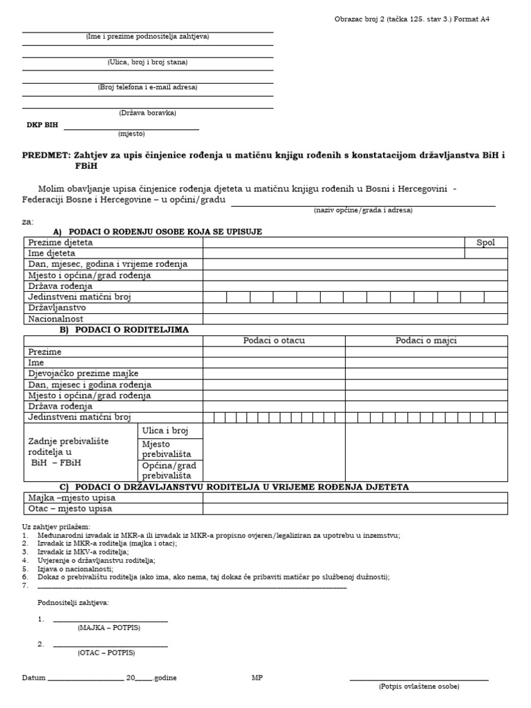 Prijava Rodjenja Djeteta FBiH | PDF