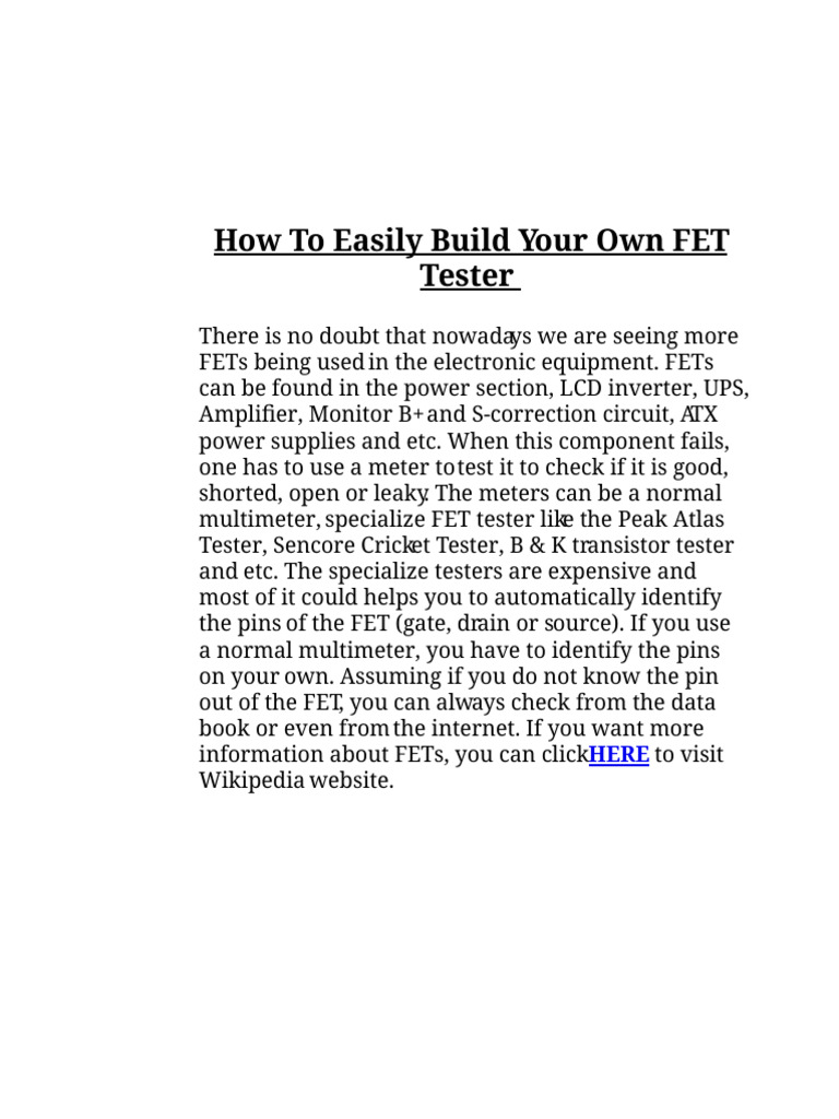 DIY FET Tester | PDF | Field Effect Transistor | Manufactured Goods