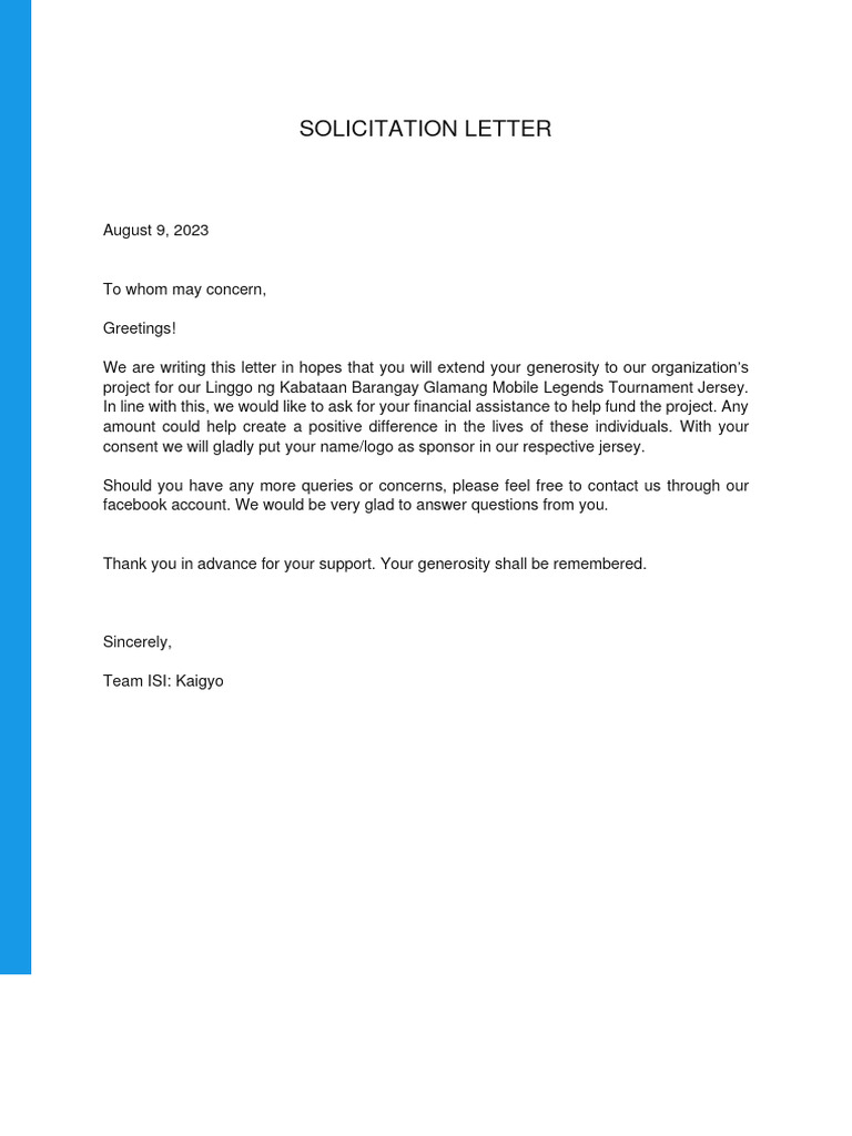 Solicitation Letter For Financial Support | PDF