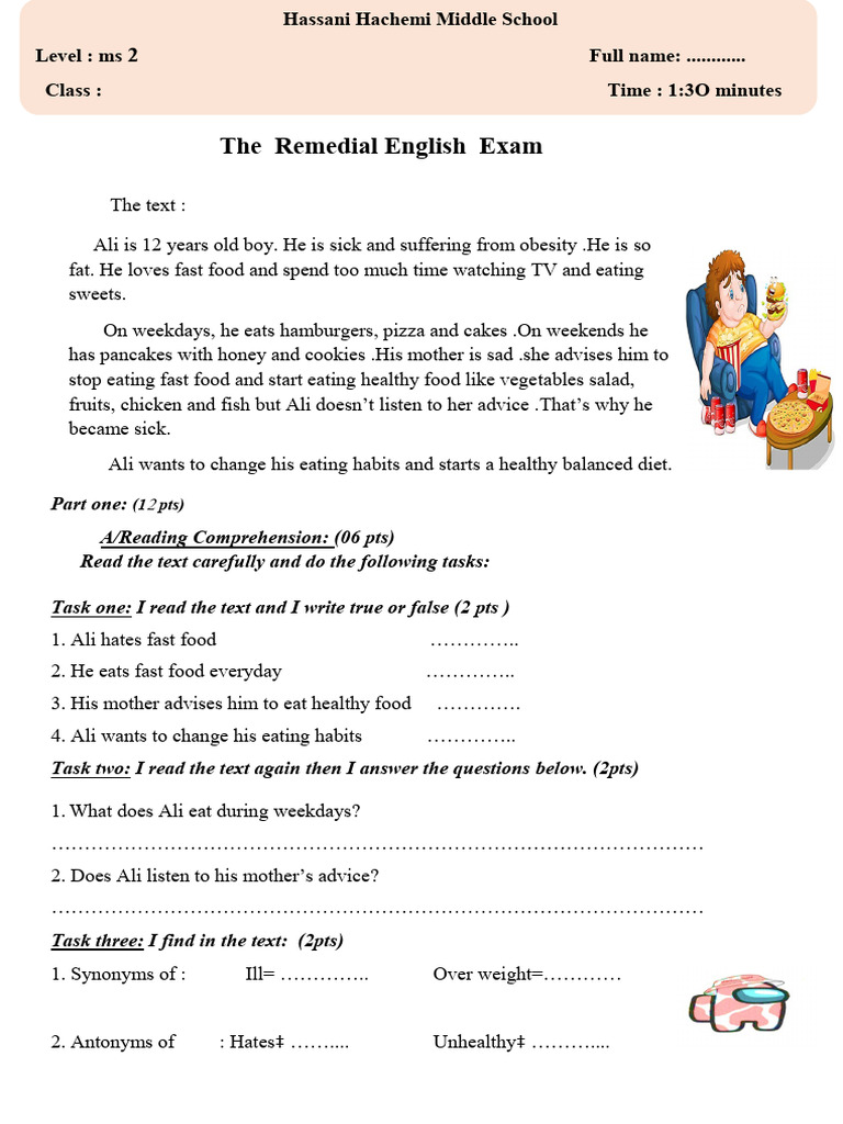 Remedial English Exam | PDF | Healthy Diet | Food And Drink
