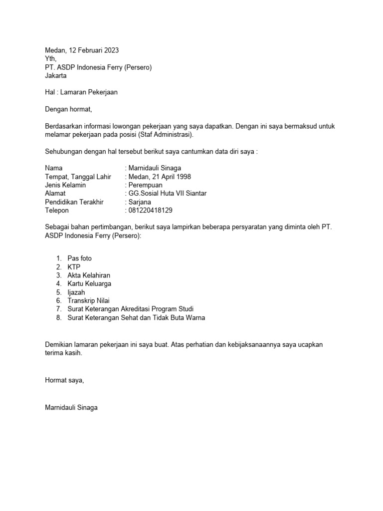 Surat Lamaran ASDP | PDF