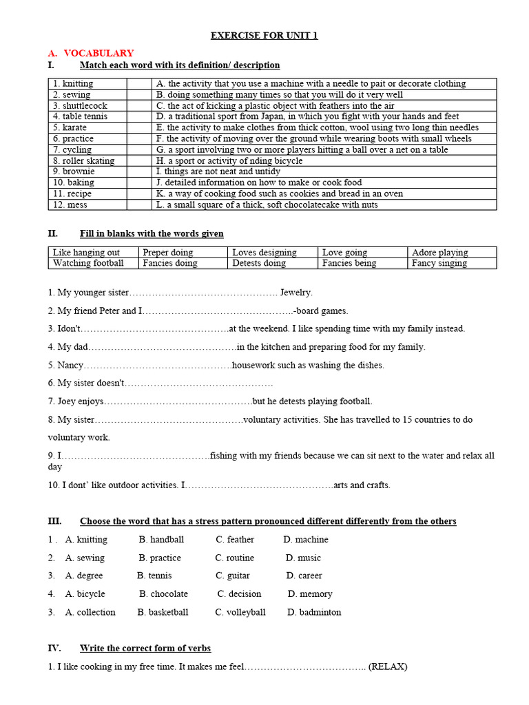 Unit 1 Vocabulary and Grammar Exercises | PDF | Sports & Recreation ...