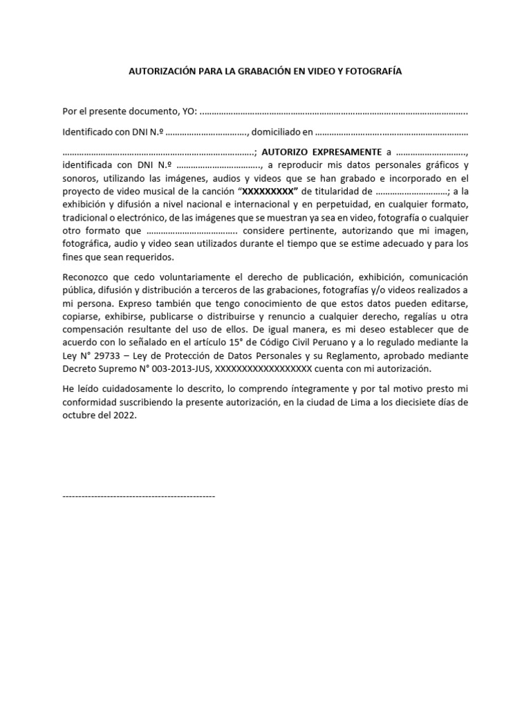 AUTORIZACIÓN PARA LA GRABACIÓN EN VIDEO Y FOTOGRAFÍA | PDF