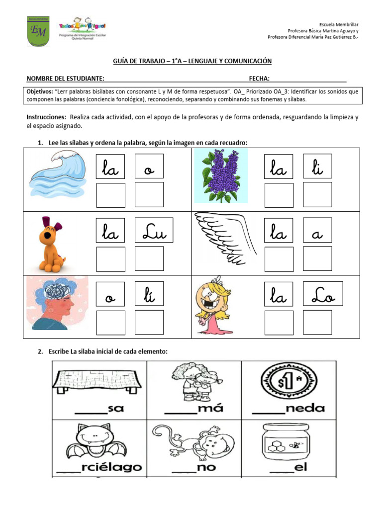 Guia Lectura y Escritura de Palabras Bisilabas M - L | PDF