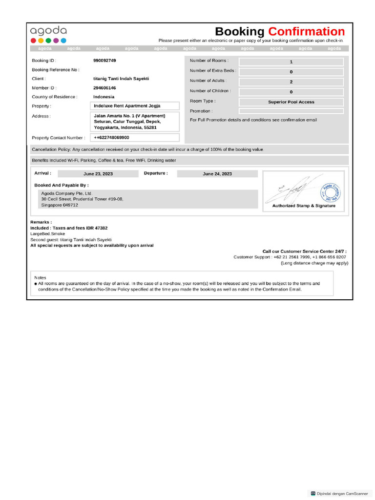 Confirmation For Booking ID # 990092749 | PDF