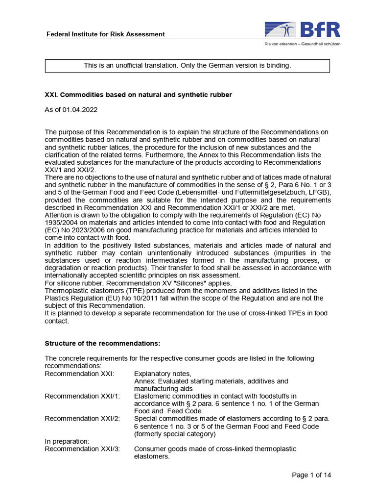 BfR Recommendation XXI. Rubber - EN | PDF | Natural Rubber | Polymers