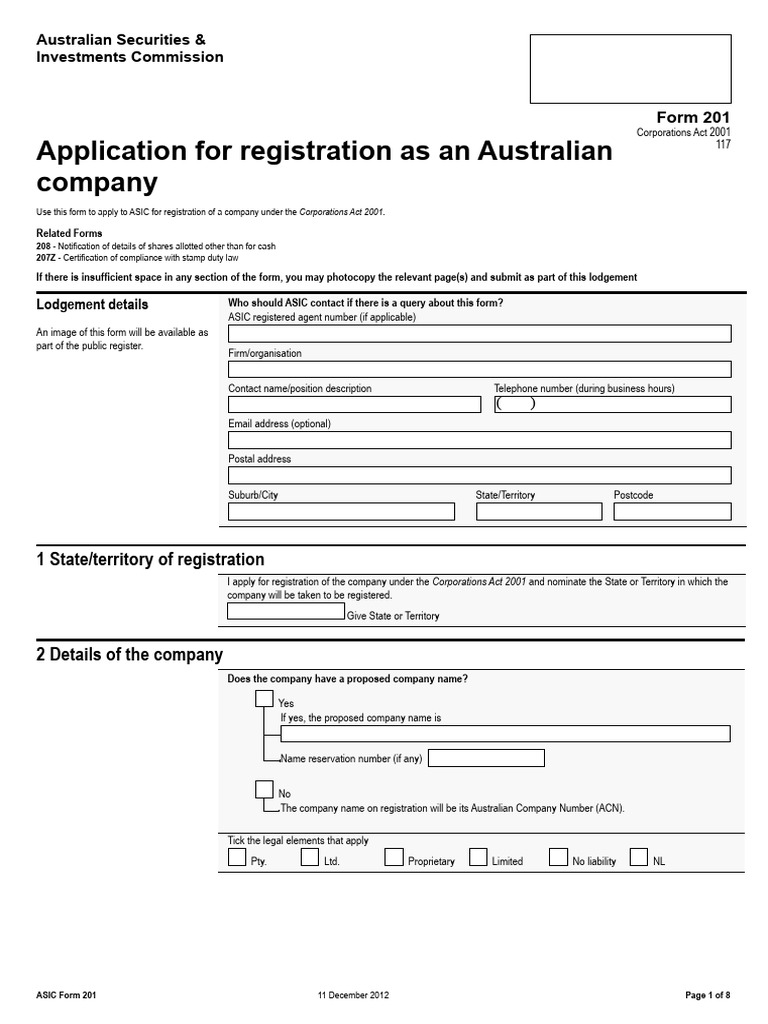 Application For Registration As An Australian Company: 1 State ...