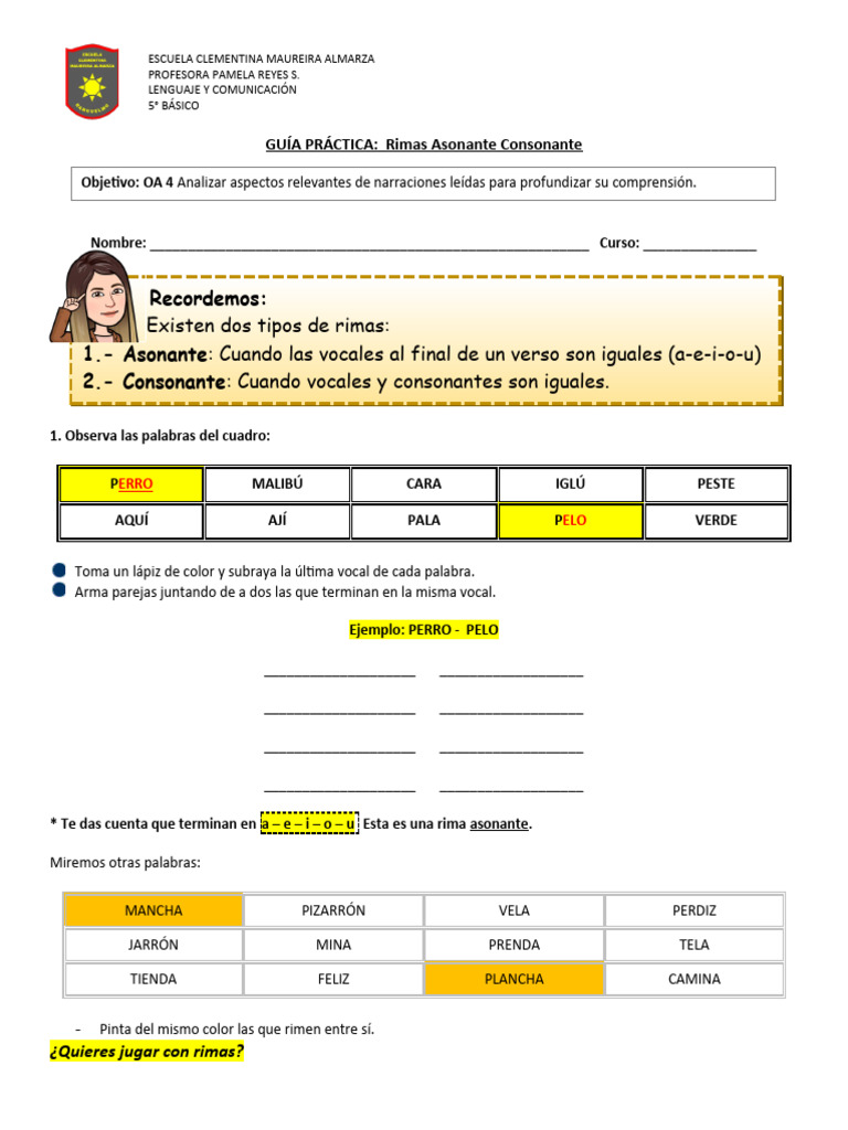 GUÍA 1 Rimas Asonantes y Consonantes 5° | PDF