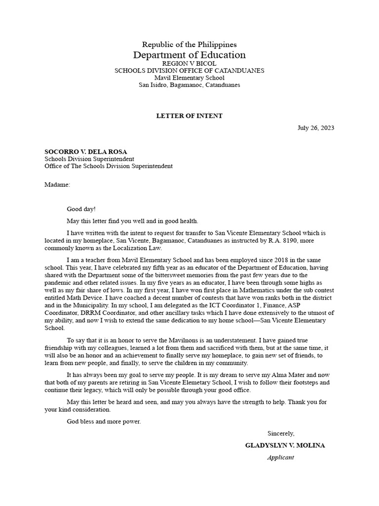 Letter of Intent for School Transfer | PDF