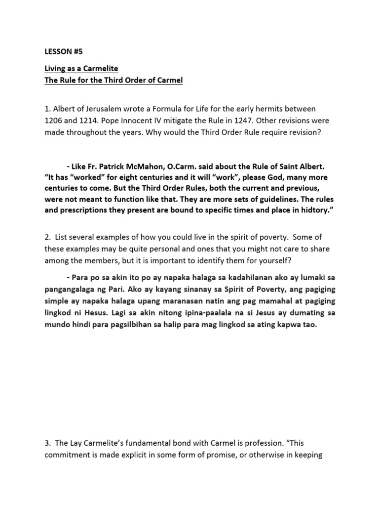 LESSON 5 The Rule For The Third Order of Carmel | PDF