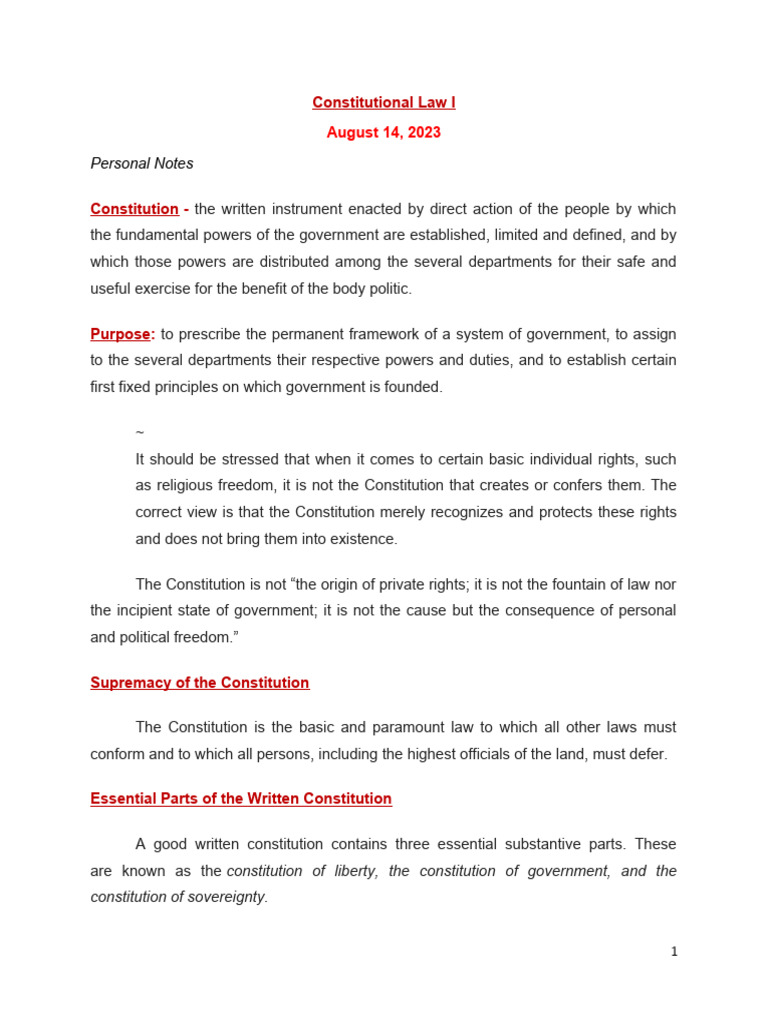 Constitutional Law I Notes (August 14, 2023) | PDF | Constitution ...