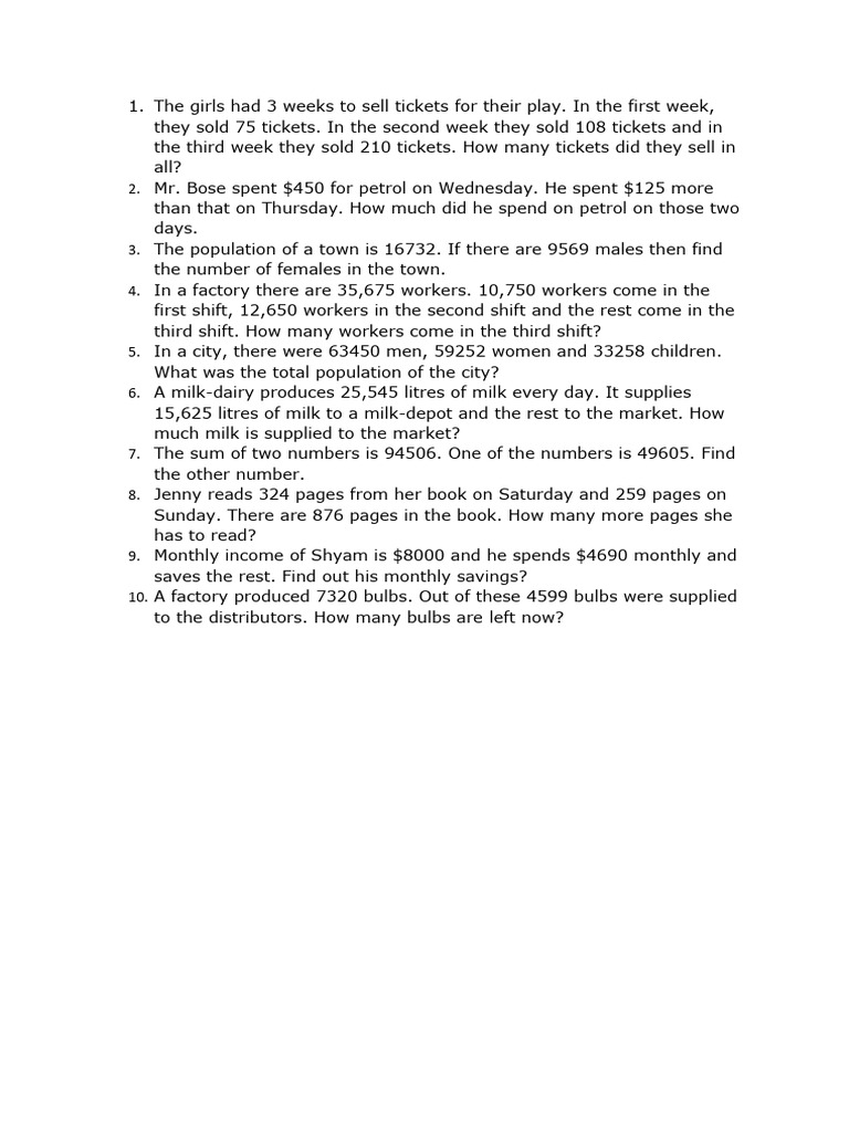 Word Problems (Add & Subtract) 2 | PDF | Sports & Recreation | Home ...