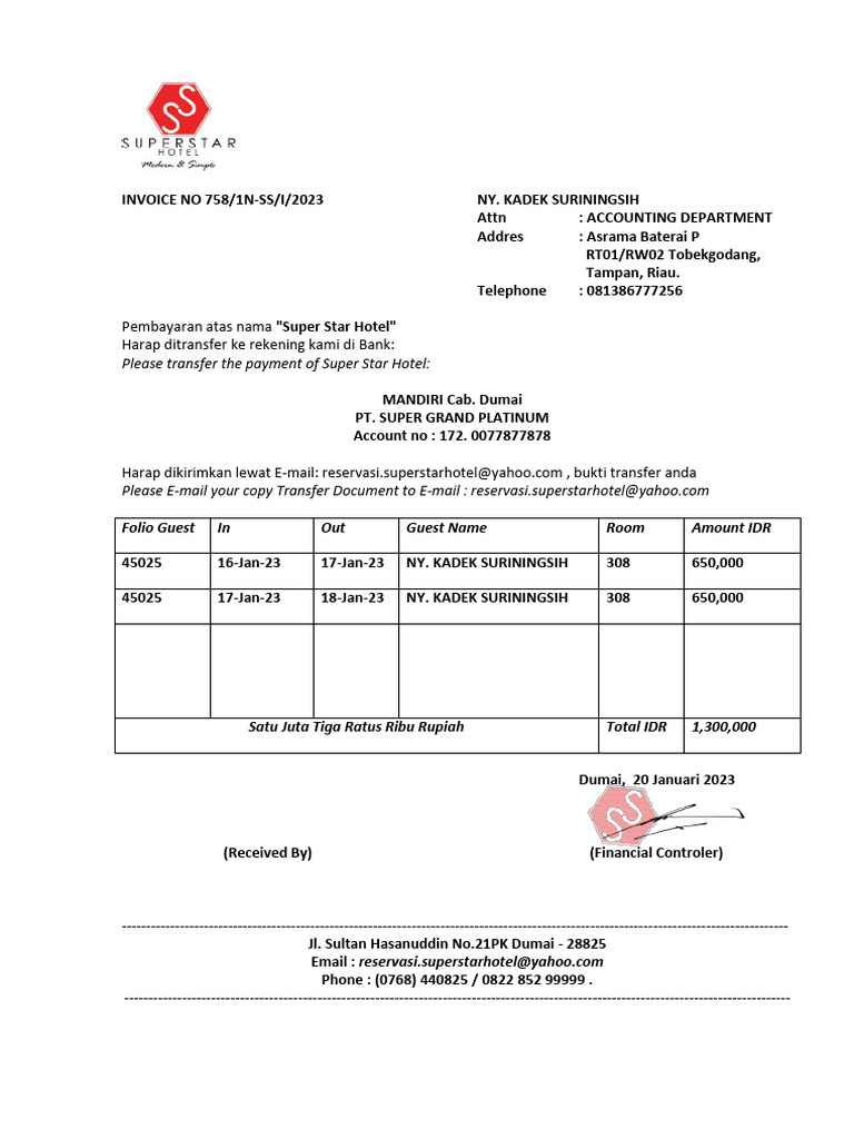 BILL HOTEL DUMAI Kadek | PDF