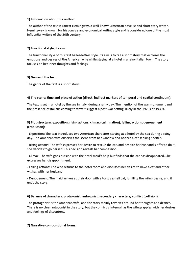 Ernest Hemingway - Cat in The Rain' Analysis | PDF | Narration