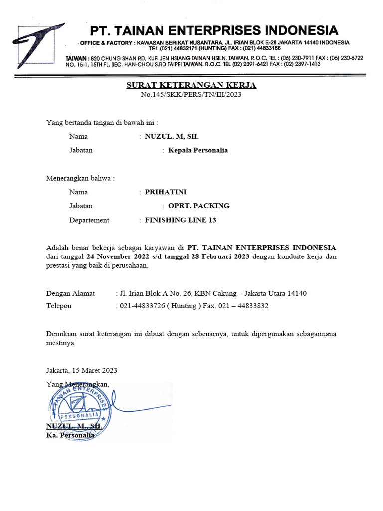 Surat Keterangan Kerja Pt. Tainan Enterprises Indonesia | PDF