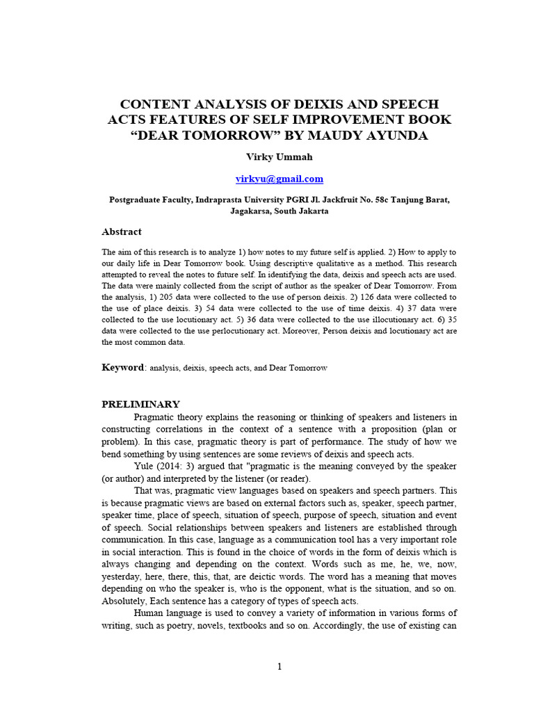 Deixis & Speech Acts in "Dear Tomorrow" | PDF | Analysis | Qualitative Research