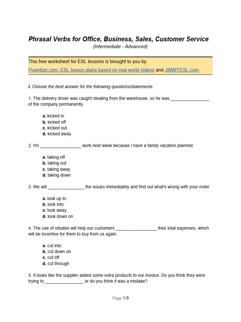 ESL Phrasal Verbs Activity - Office Business | PDF