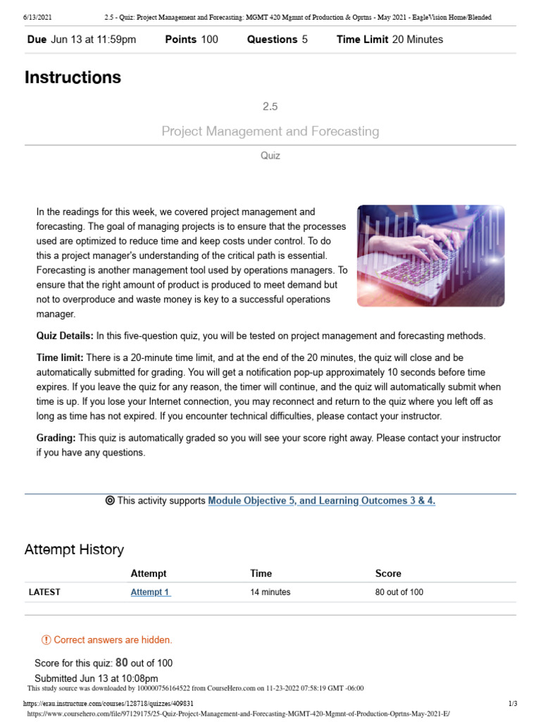 2.5 Quiz Project Management and Forecasting MGMT 420 MGMNT of Production Oprtns May 2021 E | PDF ...
