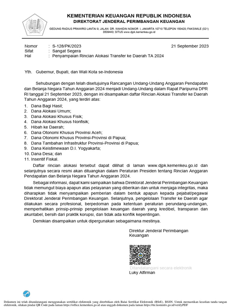 Penyampaian Rincian Alokasi Transfer Ke Daerah TA 2024 1 | PDF