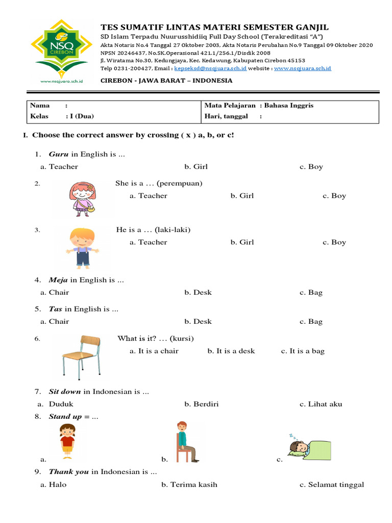 UTS English Kelas 1 | PDF | Stationery | Writing Implements