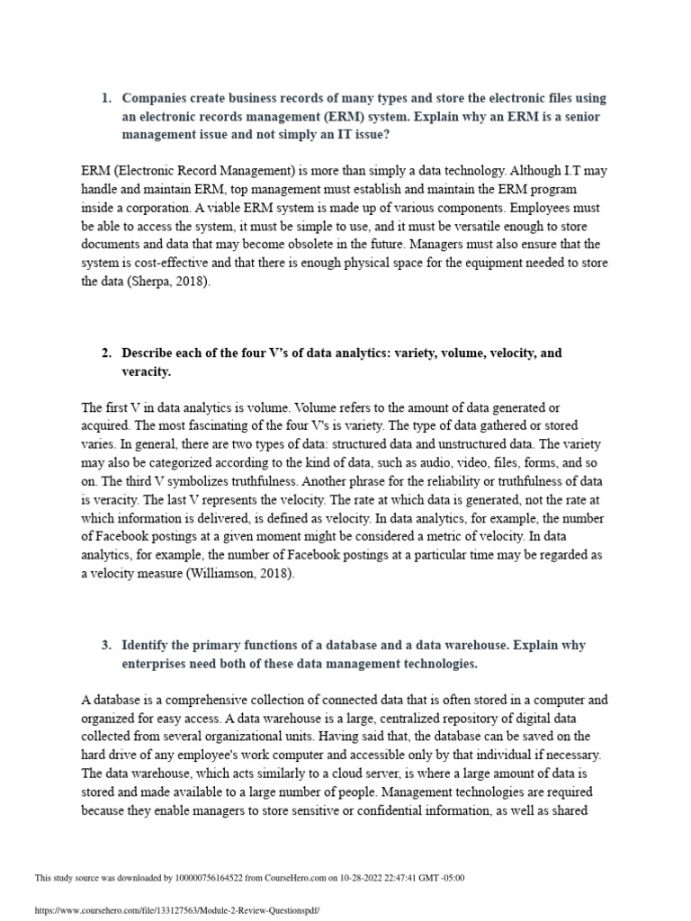 Module 2 Review Questions PDF | PDF | Data | Data Warehouse