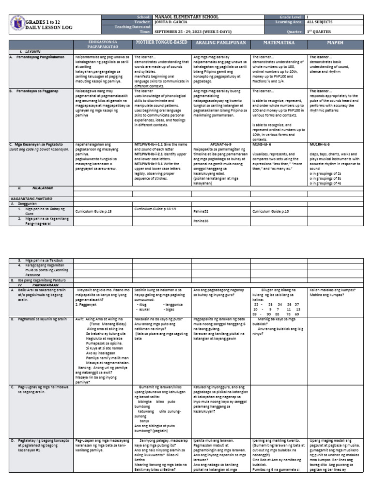 DLL - All Subjects 1 - Q1 - W5 - D1 | PDF