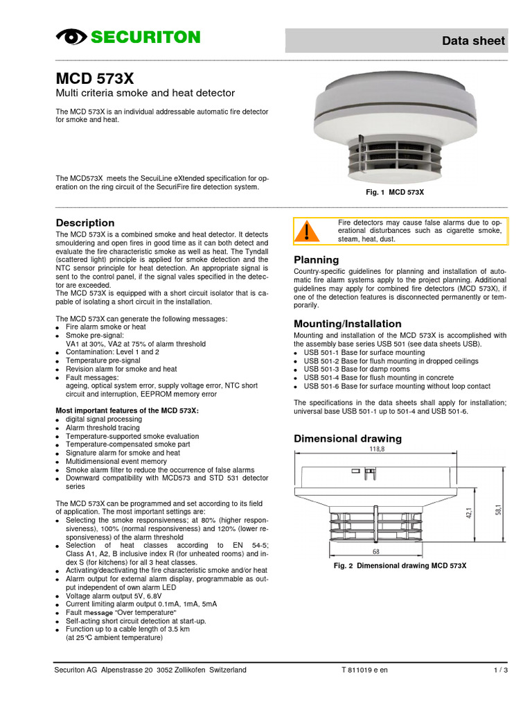 MCD 573X Smoke and Heat Detector Data Sheet | PDF | Sensor | Smoke