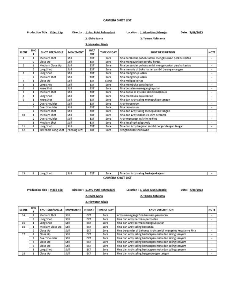 Camera Shot List | PDF