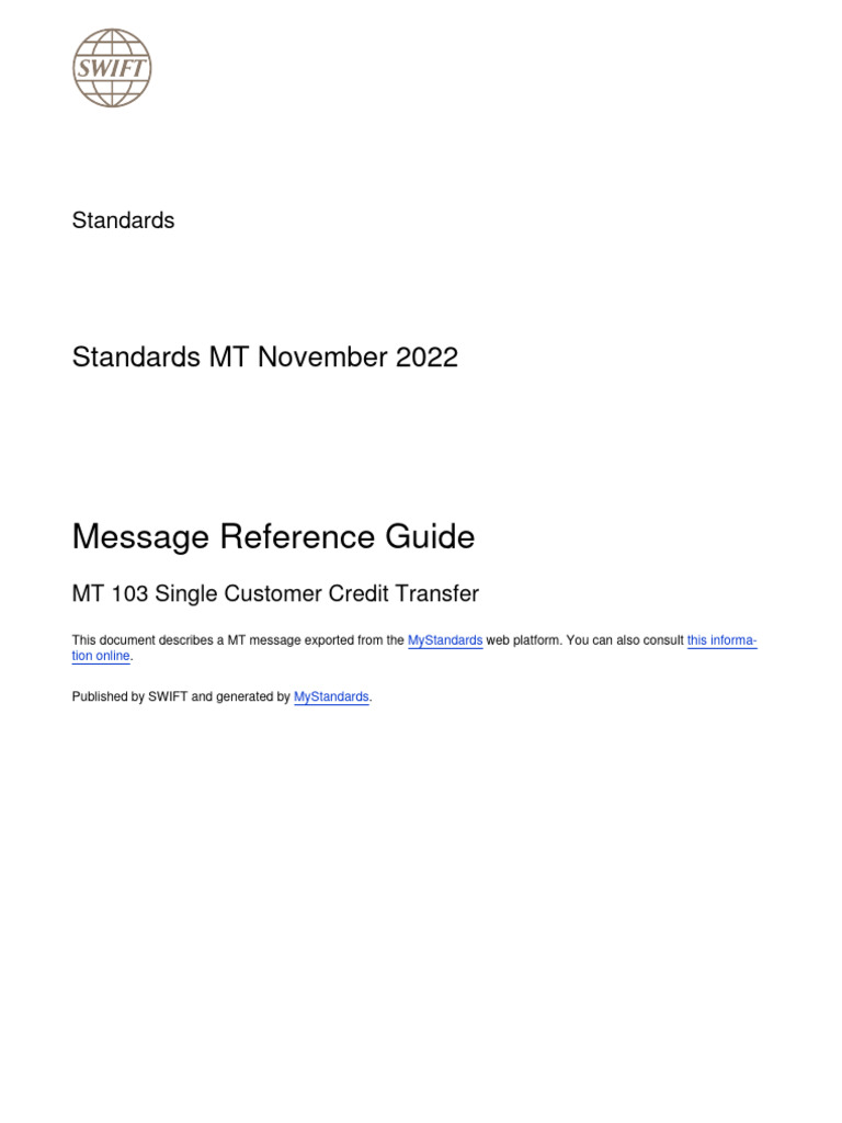 MT 103 Credit Transfer Guide | PDF | Debit Card | Euro