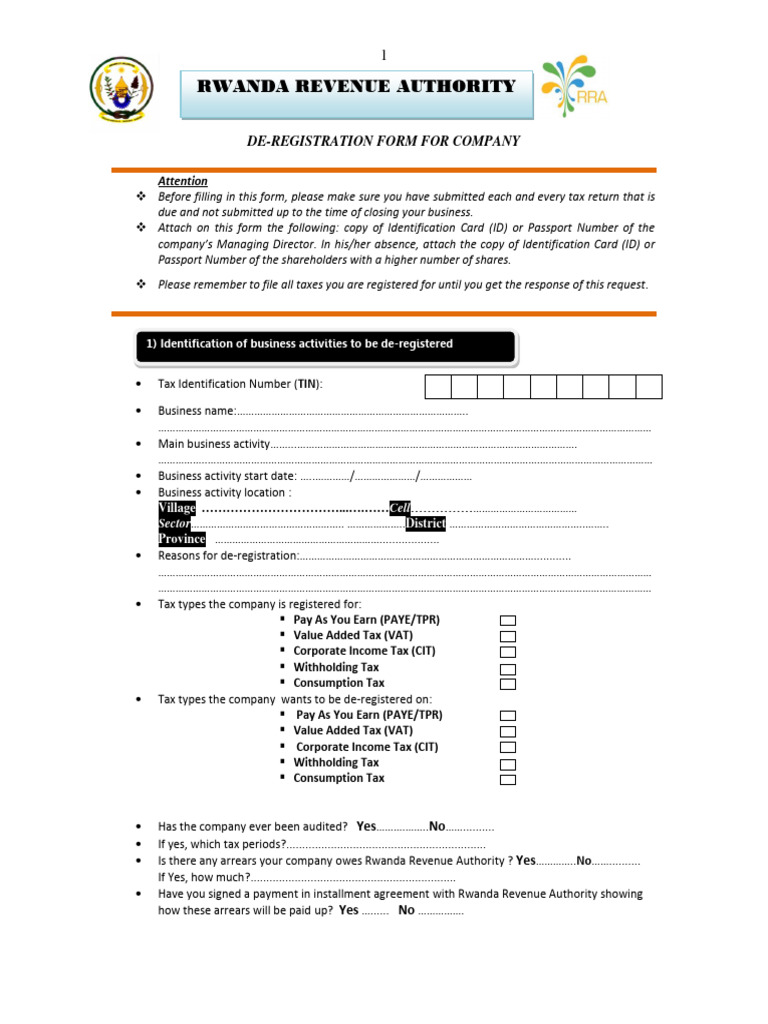 Company De-Registration Form Rwanda | PDF | Identity Document | Taxes