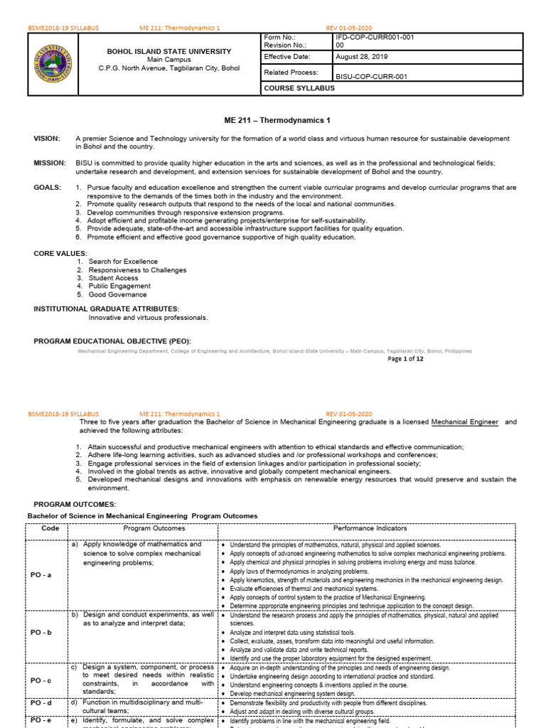 Thermodynamics 1 Syllabus 2018-19 | PDF | Engineering | Heat