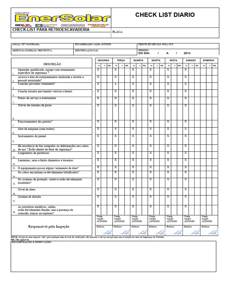 Check List Diario Retro Escavadeira | PDF
