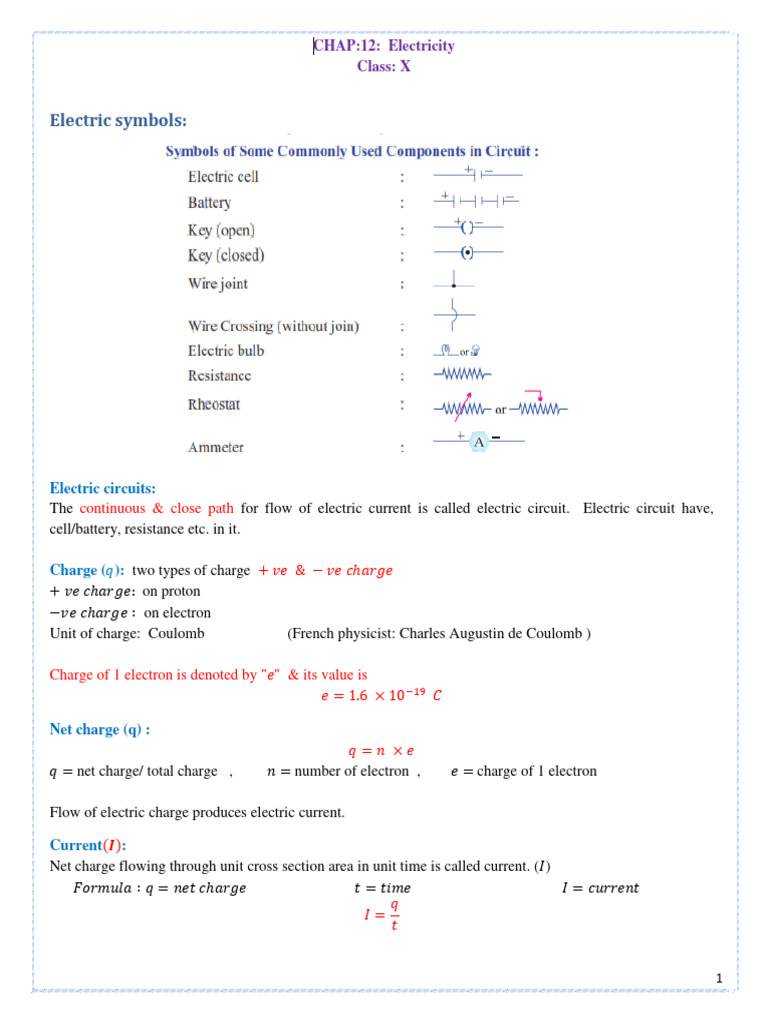 Class 10 Electricity School Notes | PDF | Voltage | Electrical ...