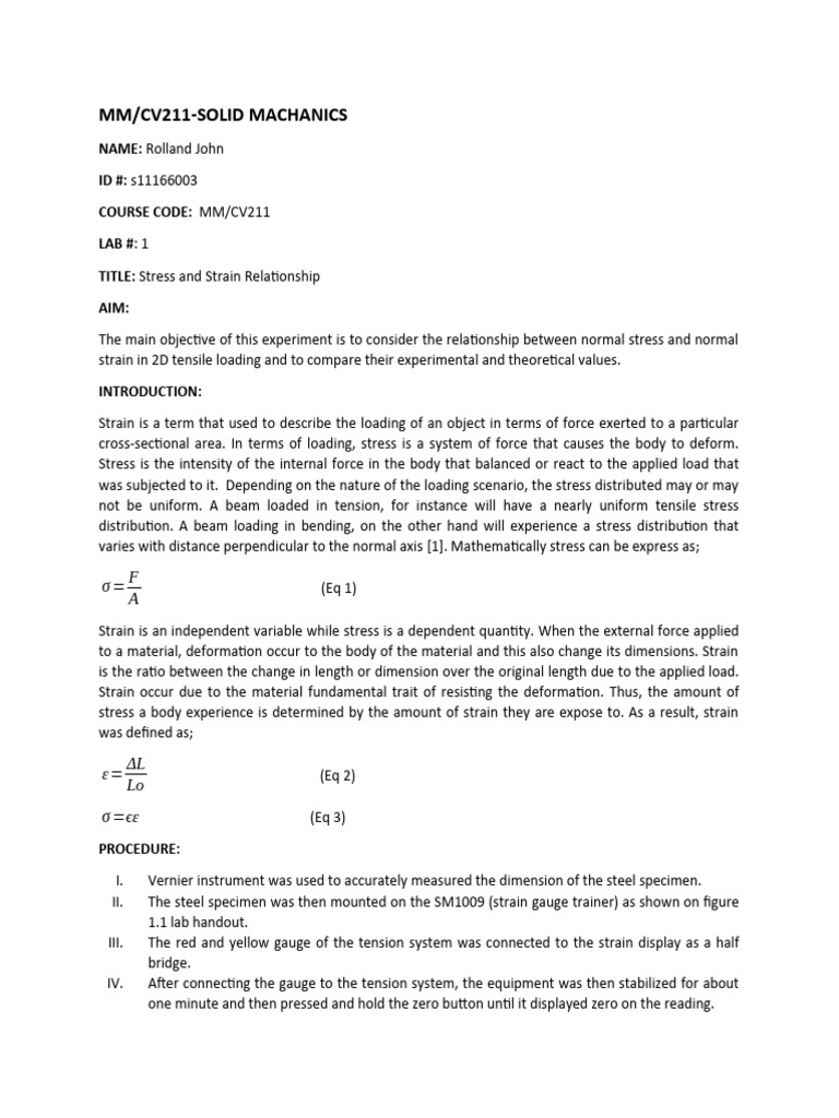 CV211 Lab 1 | PDF | Stress (Mechanics) | Deformation (Engineering)