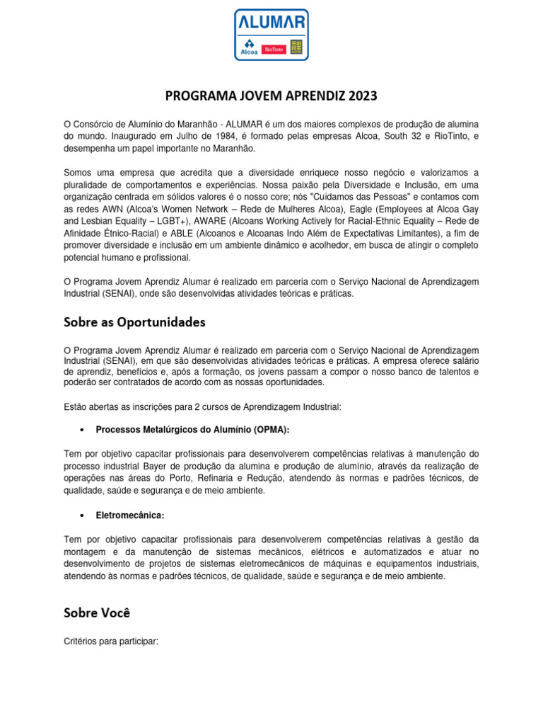 Programa Jovem Aprendiz Alumar 2023 | PDF | Aprendizado