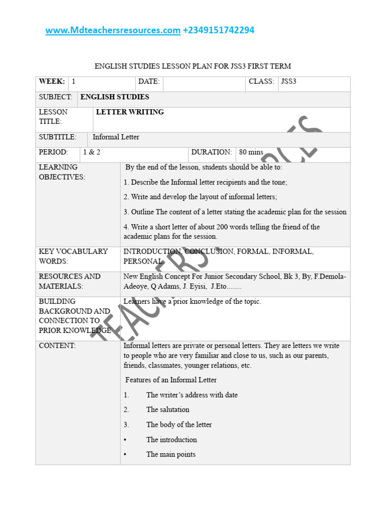 English Lesson Plan For JSS3 First Term PDF Download | PDF | Part Of ...