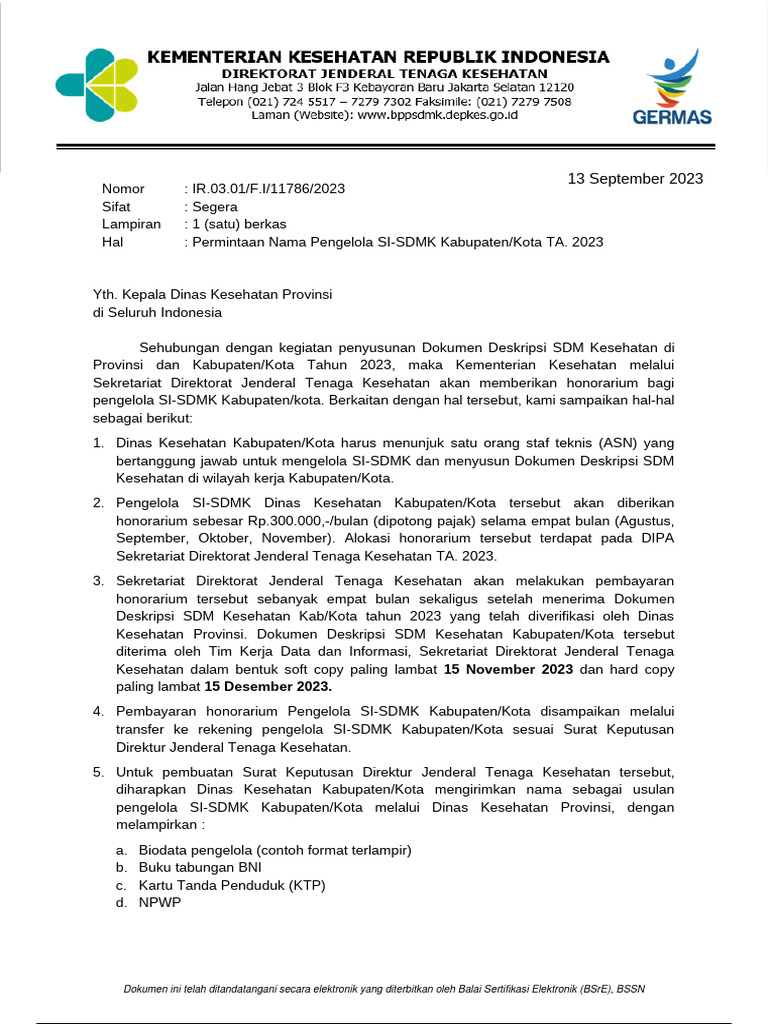 Surat Permintaan Nama Pengelola SI-SDMK KabKota TA. 2023 | PDF