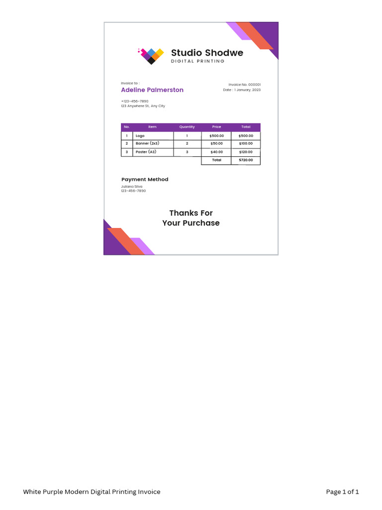 White Purple Modern Digital Printing Invoice | PDF