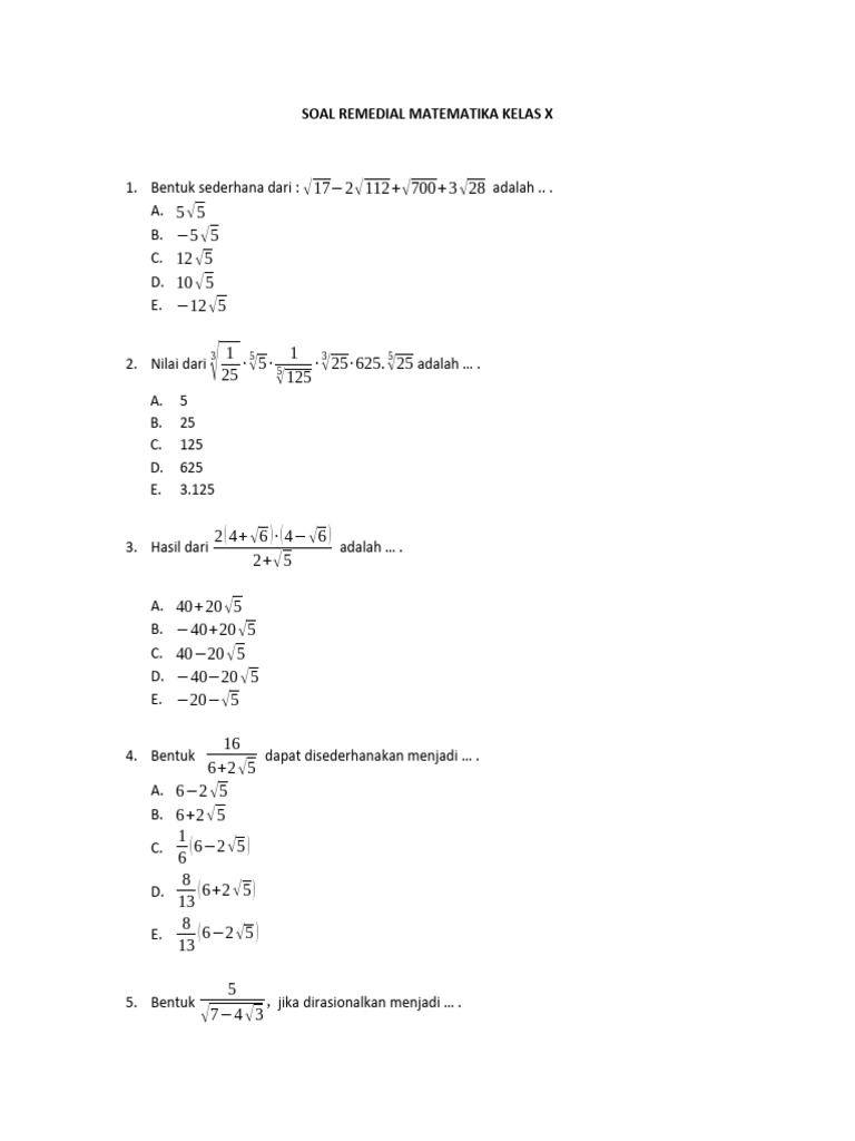 Soal Remedial Eksponen Kelas X-1 | PDF