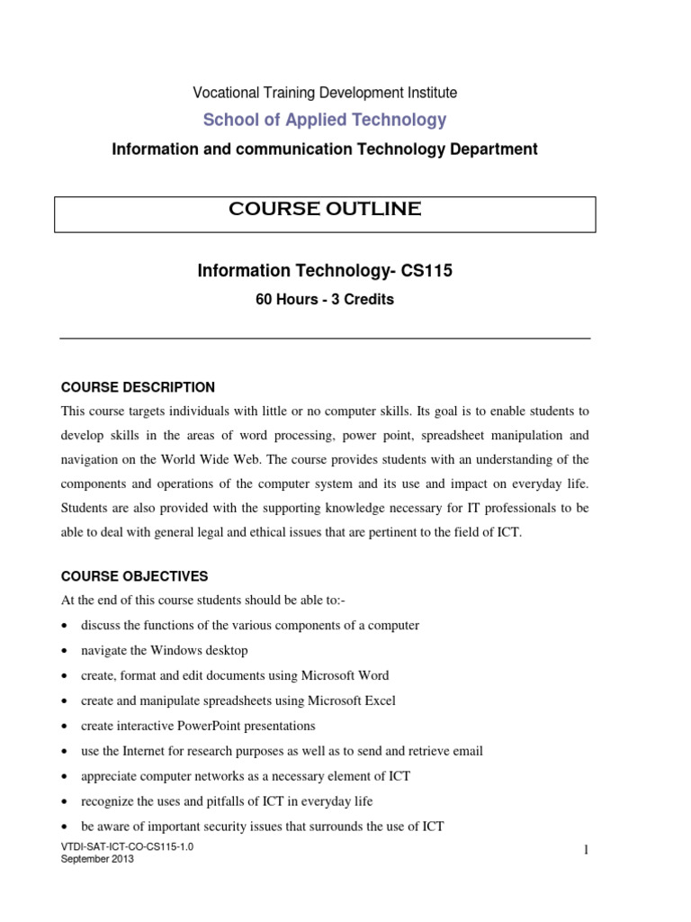 Course Outline - Information Technlogoy (CS115) - Ee478 | PDF | Microsoft Excel | Computer Network