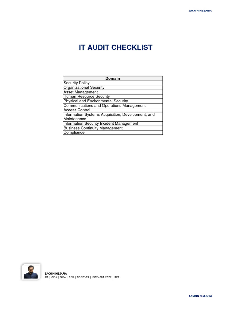 IT Audit Checklist Sachin Hissaria 1691968387 | PDF | Information Security | Security