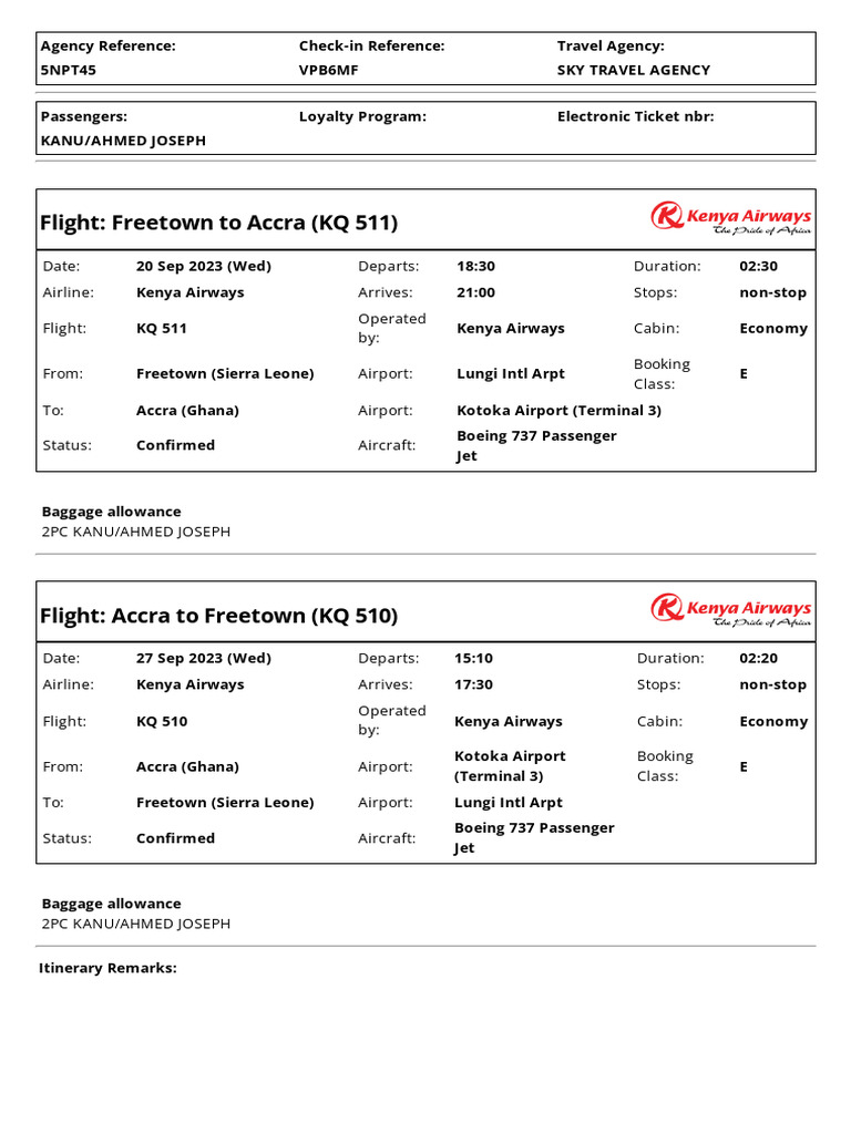 Itinerary For Kanu Ahmed Joseph Departure Date 20 Sep 2023 | PDF