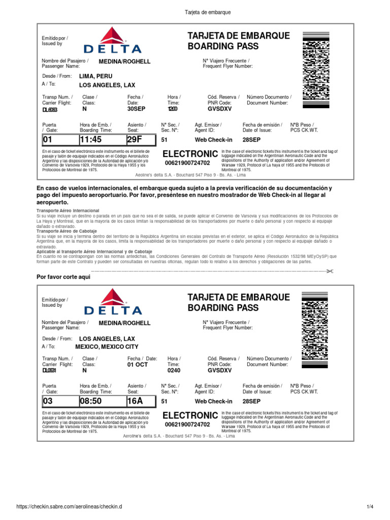 Tarjeta de Embarque Delta Airlines | PDF | Aeropuerto Internacional de ...