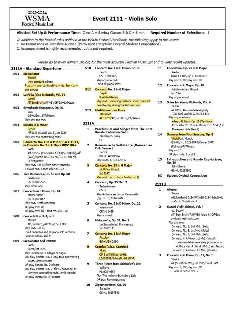 Violin and Viola WSMA 2023-24 List | PDF | Concerto | Viola
