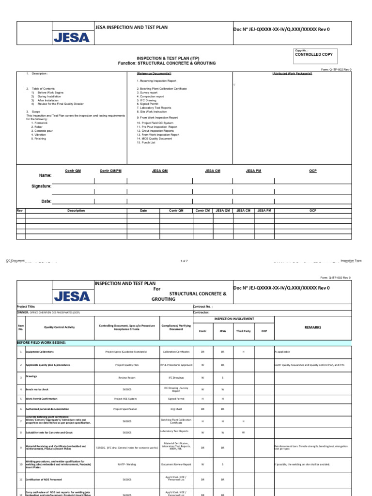 Q Itp 002 Structural Concrete Grouting Rev 0 01-08-19 | PDF | Concrete ...