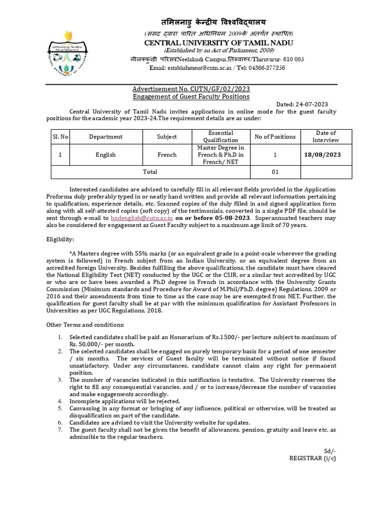 Dept of English-Walk in Interview Advertisement For Guest Faculty 24072023 | PDF | Doctor Of ...