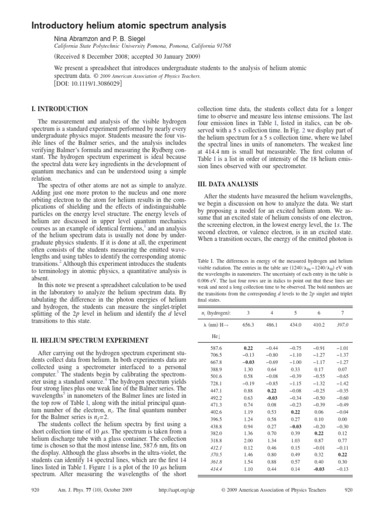 Helium Spectrum Experiment | PDF | Electron | Emission Spectrum
