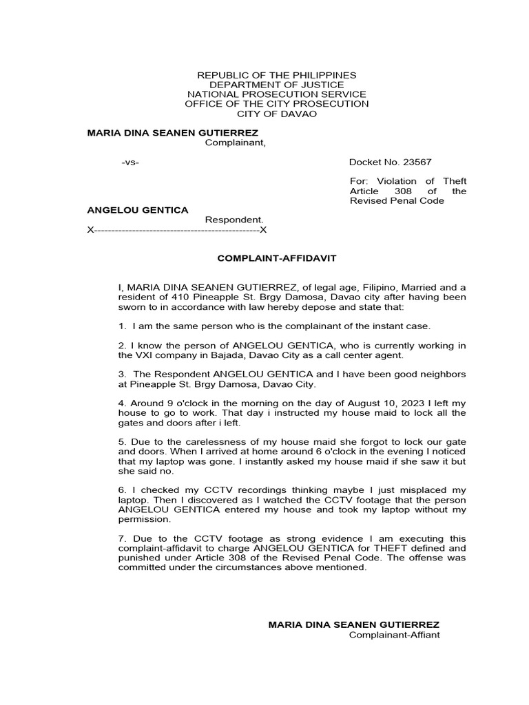 Theft Complaint Against Angelu Gentica | PDF | Affidavit | Crime & Violence