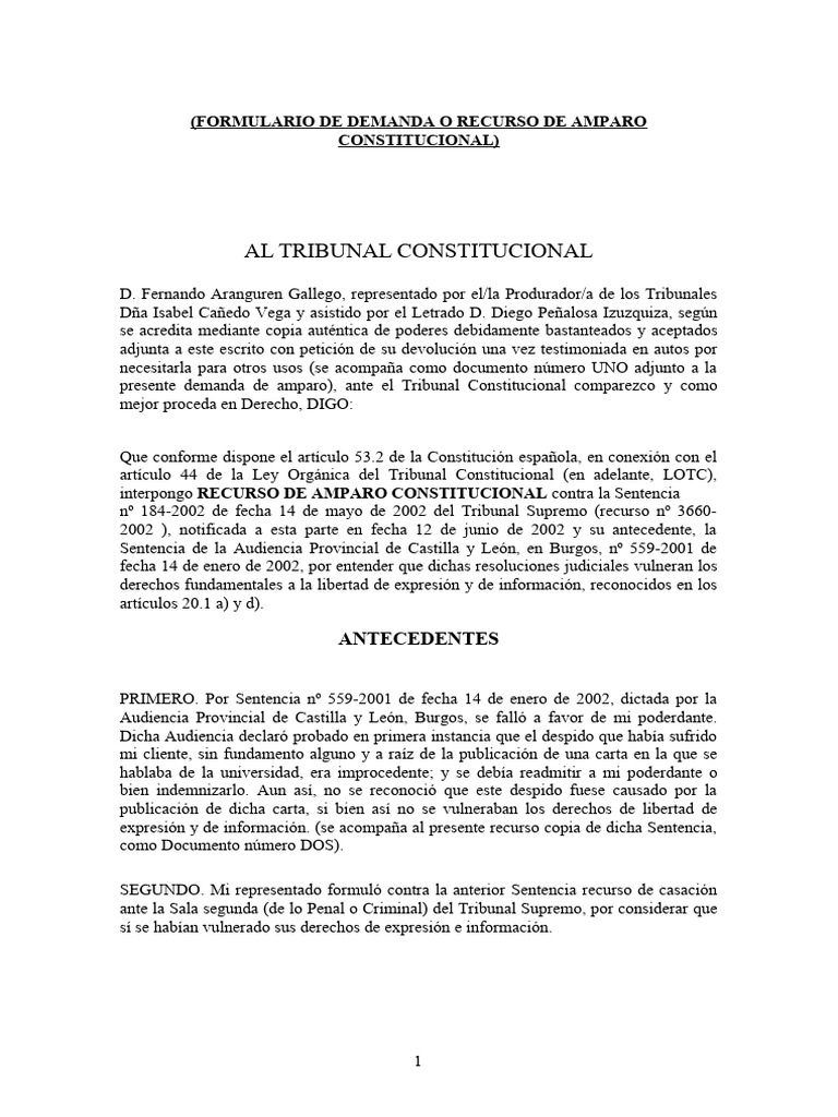 Formulario Demanda Recurso Amparo TC | PDF | Caso de ley | Sentencia (ley)